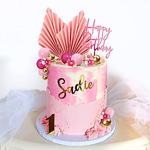 29 PCS Flower Boho Cake Topper Balls Cake Decorations with Hot Pink and Gold Balls Palm Leaves Artificial Plants for Wedding Baby Shower Oh Baby Boys Girls Birthday Themed Party Supplies (Hot Pink)