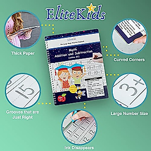 Premium Edition 11x8.5 Inch EliteKids Large Magic Practice Copybook for Kids- Kindergarten Numbers and Math 2-Book Set, Preschool K-1 Groove Number Math Workbooks with Magical Pens