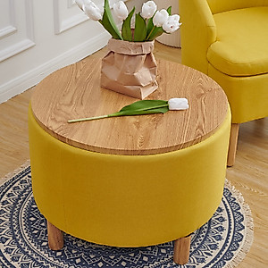 Simple&Opulence Modern Round Storage Coffee Table Ottoman for Living Room Bedroom, Accent Drum Side Table, Nightstand, Footstool, Sofa End Table with Wood Lid Tray and Solid Wood Legs (Yellow)