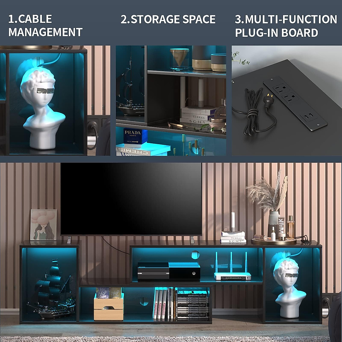 TV Stand, Deformable TV Stand with LED Strip & Power Outlets Free-Combination Entertainment Center for 50 55 60 65 Inch TV,Console TV Stand Modern TV Table Media Stand, DIY Open Storage Bookcase Shelf