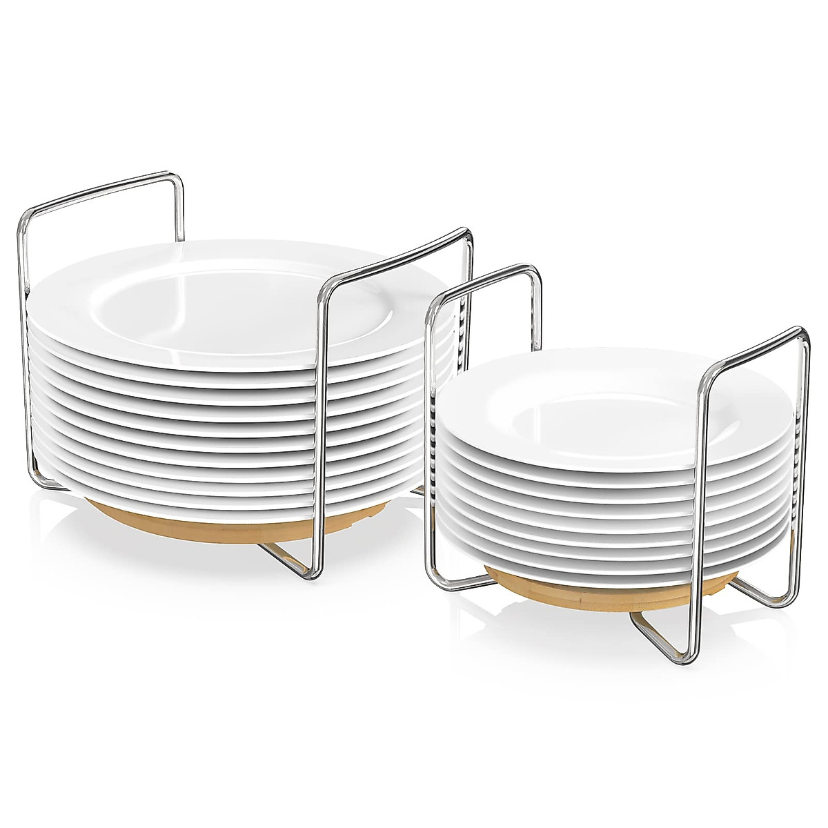 Bamboo Plate Holders for Dinner Plates, 2 Pack Adjustable Stainless Steel Plate Dish Rack Organizer with Portable Handle for Kitchen Drawer, Countertop, Cabinet, Shelf, Cupboard (Small and Large)