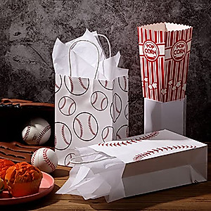 16 Pieces Baseball Gift Bags with Tissue Paper Baseball Party Bags with Handles Baseball Goodie Bags Baseball Treat Bags for Kids Sports Theme, Birthday Party, Sports Party (White, Baseball)