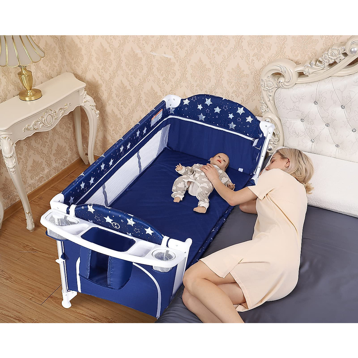Heyo.Ja Baby Bassinet Bedside Crib, Portable Playard 4 in 1 Convertible Pack and Play with Mattress, Foldable Travel Crib for Girls Boys Infant Newborn (Navy)