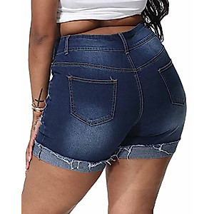 Rubugil Women's Plus Size Casual Denim Shorts High Waisted Stretchy American Flag Patched Folded Hem Jean Shorts Dark Blue 16W
