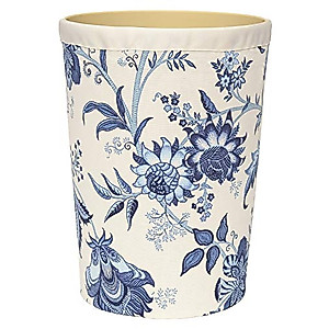 Decorative Bathroom Trash Can Garbage Can, Plastic Round Waste Basket with Washable Cloth Cover, Floral Blue Bathroom Sets 11.75" Tall