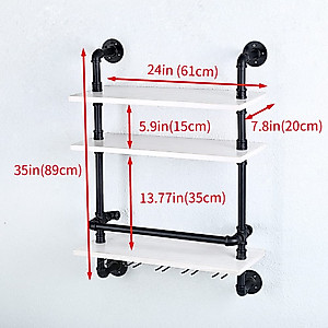 Industrial Pipe Shelf Wine Rack Wall Mounted with 5 Stem Glass Holder,3-Tiers Rustic Floating Bar Shelves Wine Shelf,24in Real Wood Shelves Wall Shelf Unit,Steam Punk Pipe Shelving Wine Glass Rack