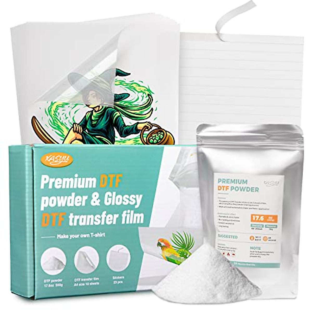 KASYU DTF Powder Film Kit with Sensor Recognition Stickers for DTF&Sublimation Printers,1.1 lbs White Digital Hot Melt Adhesive&10Pcs Direct to Film, Pretreated Iron-on Transfer Paper for All Fabrics