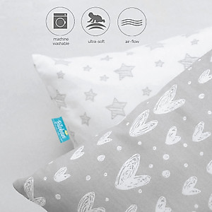 Biloban Organic Cotton Youth Pillowcase 2 Pack, (Pillowcase Only) Kids Pillowcase for Sleeping Fit Pillow Sized 16" x22“, Envelope Travel Pillowcase for Girl Boy, Gray Heart & White Star