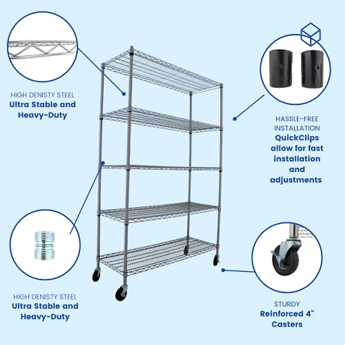 Crescent 4000 LBS 48L 18W 76H Epoxy Coated Gray, 5 Tier Racks for Storage, Heavy Duty Wire Shelving Rack with 4" Casters