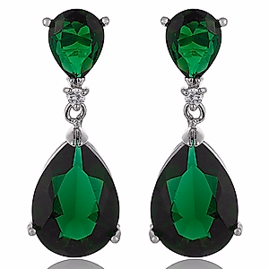 [RIZILIA CELEBOX] Teardrop Dangle Pierced 1.1" Earrings with Pear Cut CZ [Simulated Green Emerald] in White Gold Plated, Celebrity inspired by Angelina Jolie