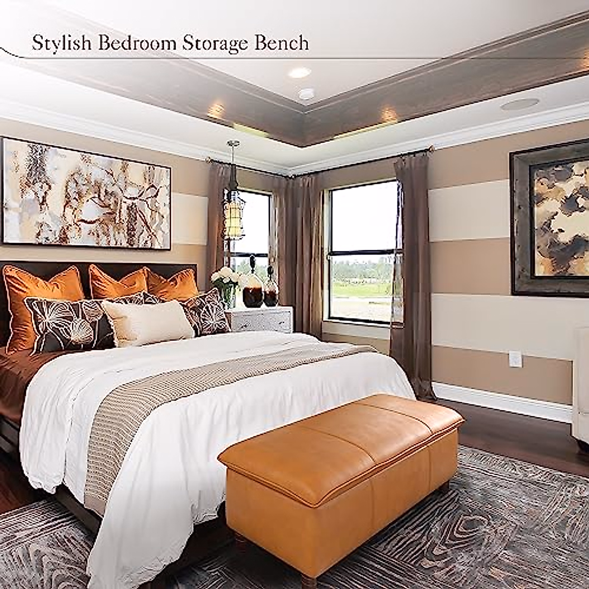 LUE BONA Storage Ottoman Bench, 49" Brown Faux Leather Storage End of Bed Bench, Modern Upholstered Window Bench with Thicker Seat/Nailhead Trim/Safety Hinge for Bedroom, Living Room, 300LB