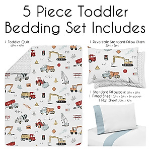 Sweet Jojo Designs Construction Truck Boy Toddler Kid Childrens Comforter Bedding Set - 5 Pieces Comforter, Sham and Sheets - Grey Yellow Orange Red and Blue Transportation Chevron Arrow