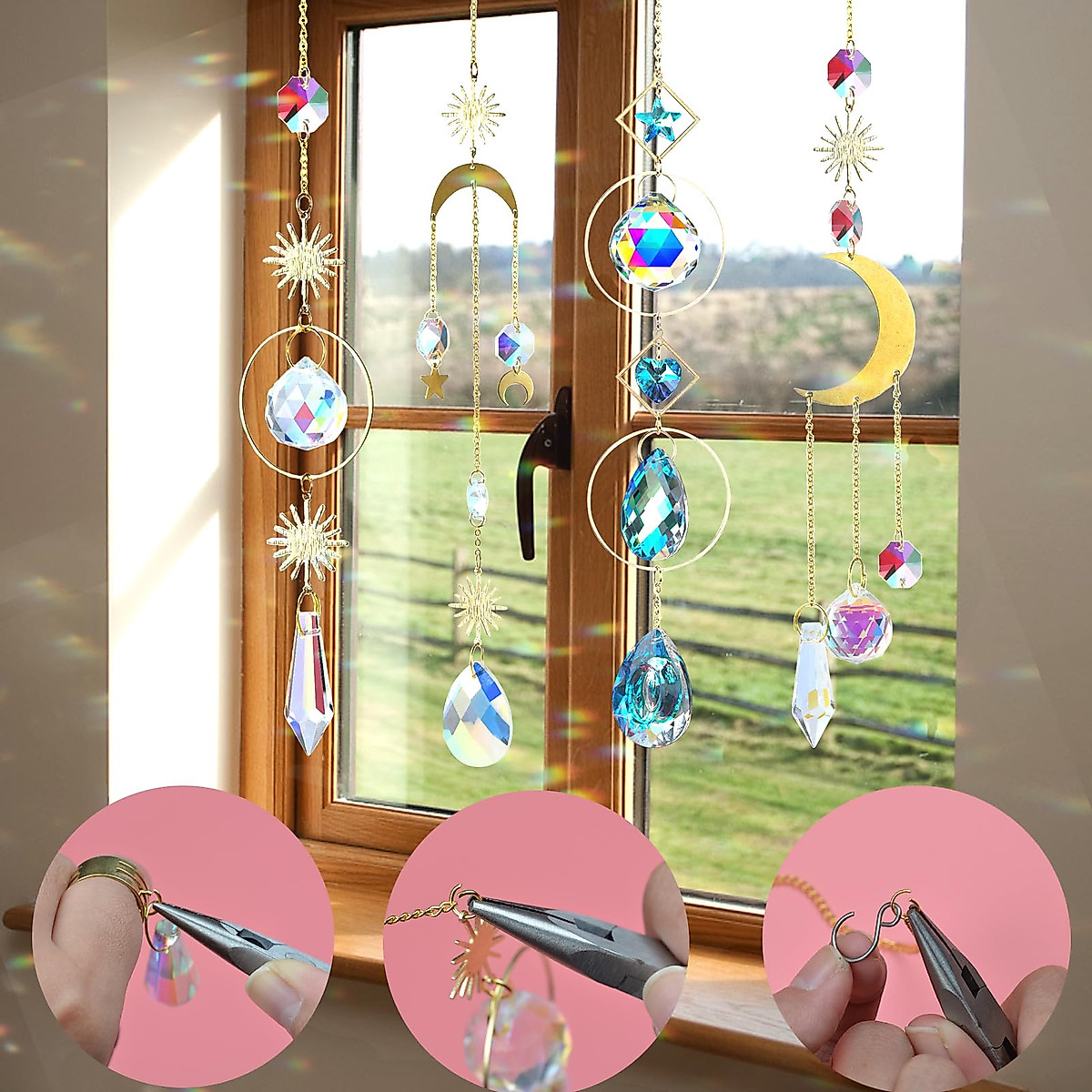 370 Pcs Crystal Suncatcher Kits Hanging Chandelier Crystals Prisms Parts Rainbow Maker Pendants for Stained Glass Window Hanging DIY Sun Catchers Beads Indoor Window Outdoor Garden Decor (Gold)