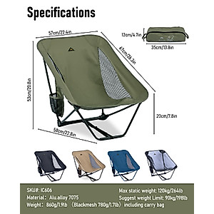 iClimb Low Ultralight Compact Camping Folding Chair with Side Pocket and Carry Bag (Green)