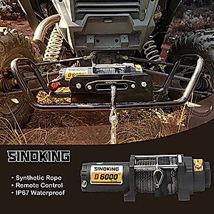 SINOKING 6000lb 12V Winch, UTV&ATV Winch with 1/4"× 49ft Synthetic Rope, Wired and Wireless Remote Control with Mounting Plate