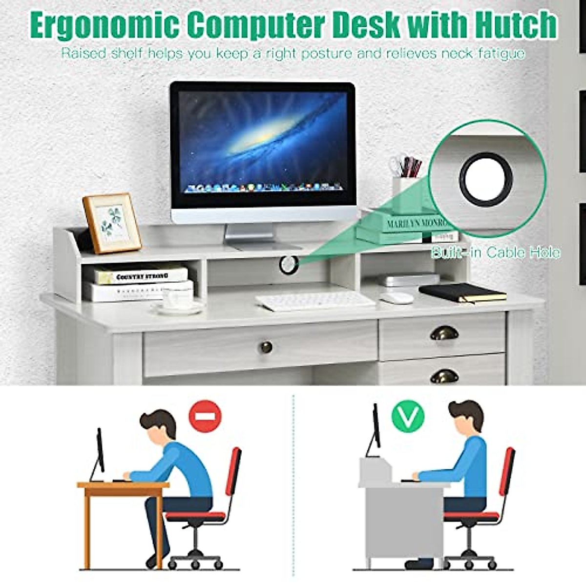 GLOBALWAY 2 Tier Shelves, Study and Writing Three Side, Laptop Table with a Smooth Slide-Out Long Drawer, for Home &Office Computer Desk, White