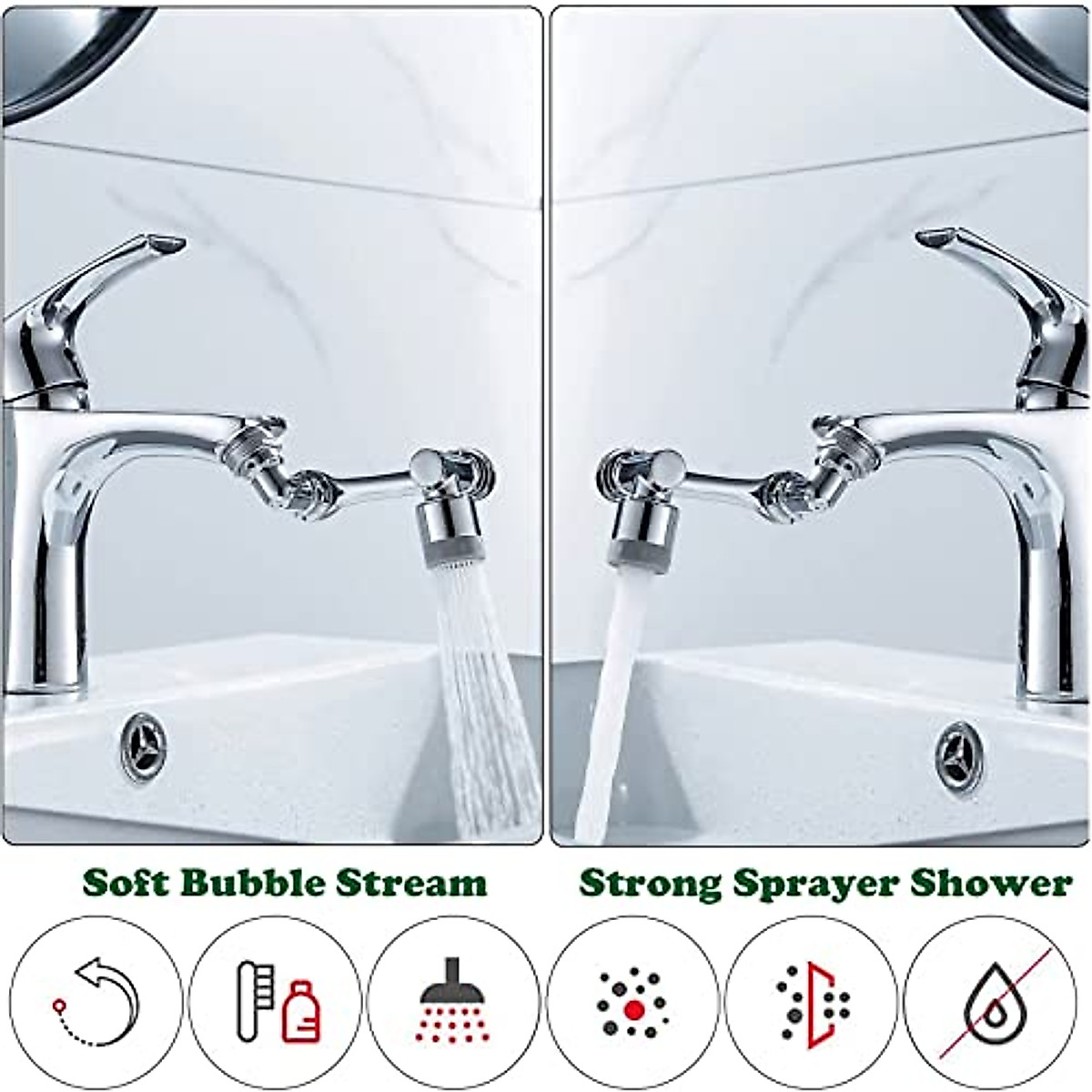 1080 Degree Rotatable Faucet Aerator-1080 Rotating Faucet Extender-Swivel Faucet Attachment With 2 Water Outlet Modes For Bathroom Sink/Washing Face, Rinse Fruits, Brush Teeth