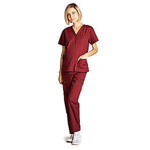 Dagacci Medical Uniform Woman and Man Scrub Set Unisex Medical Scrub Top and Pant, Burgundy, L