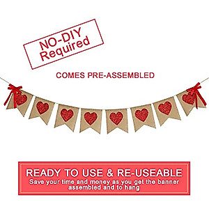 Burlap Heart Banner Garland | Red Glitter Heart | Valentine's Day Decorations| Rustic Valentines Decor | Valentines Burlap Banner | Wedding Anniversary Birthday Party Decorations Supplies
