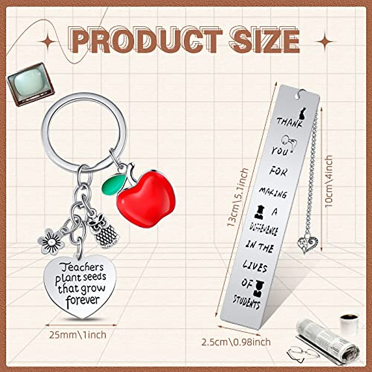 Appreciation Gifts for Teacher Include 4 Pieces Metal Teacher Appreciation Bookmark 4 Pieces Heart and Round Pendant Teacher Keychain Thank You Teacher Gifts for Women Men Graduation Christmas