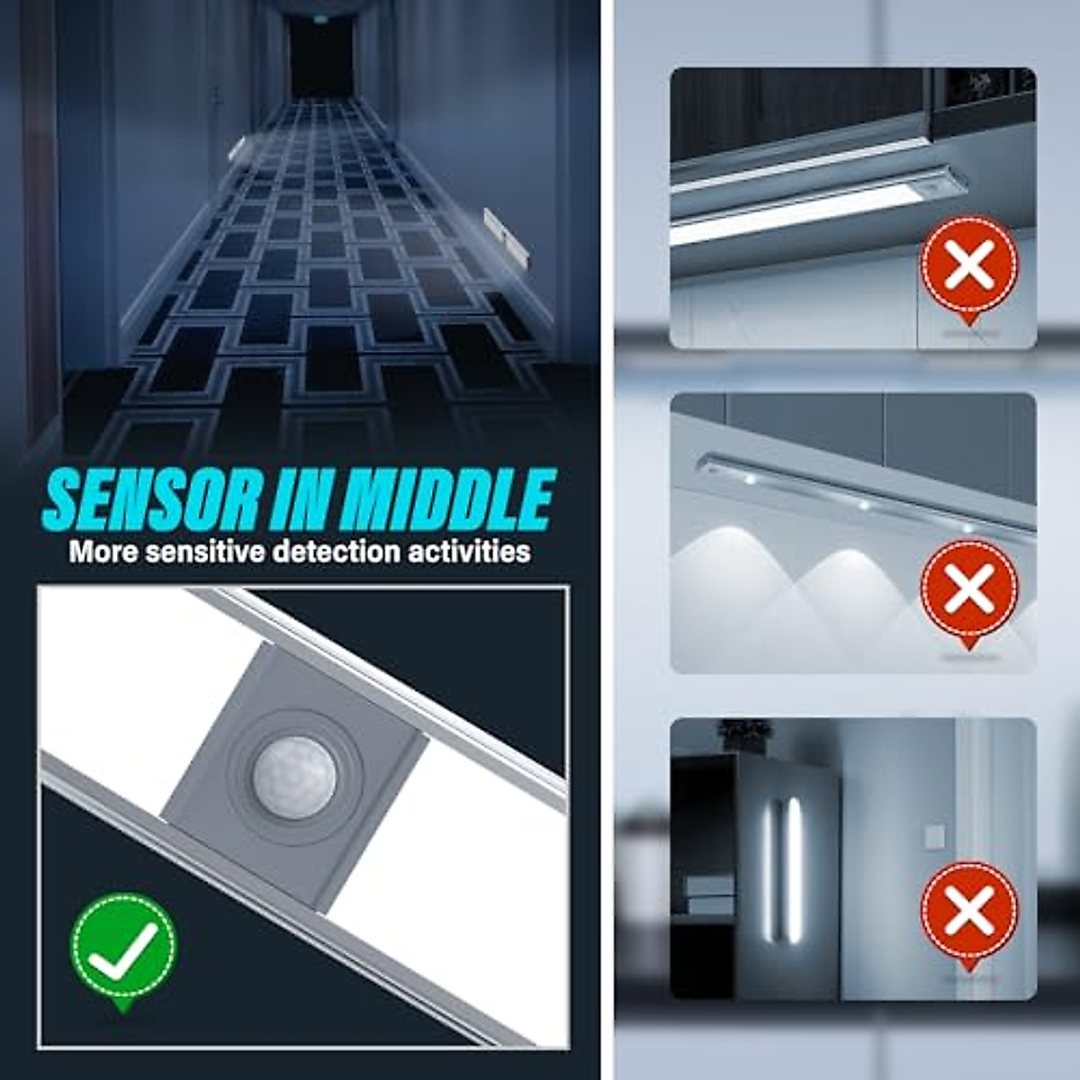 KIFACI Under Cabinet Lighting Indoor Rechargeable 12 Inch, 2 Pack Motion Sensor Under Cabinet Lighting Lights for Kitchen, Stair Wall Closet Light Indoor