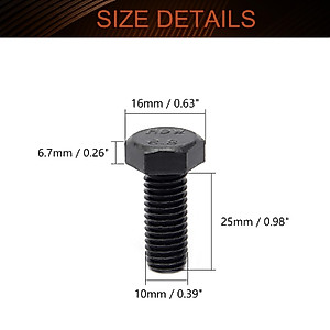 MroMax 20Pcs M10 x 25mm Hex Head Screw Bolt, Carbon Steel Grade 8.8, Black Oxide Finish, Full Thread, Hexagon Head Bolts for Furniture Repair