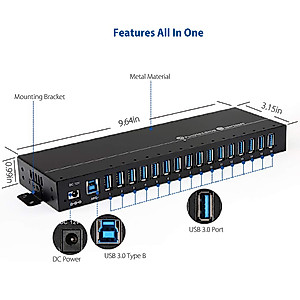 Powered USB Hub - UUSTK 16 Ports 120W USB 3.0 Data Hub - with Mounting Bracket and 12V/10A Power Adapter USB Hub 3.0 Splitter for Laptop, PC, Computer