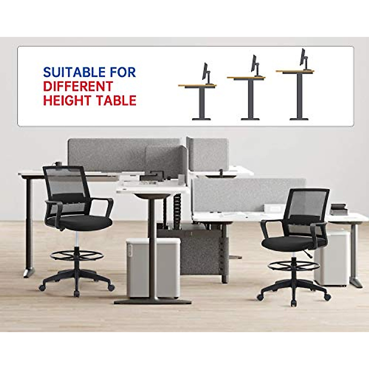 Drafting Chair Tall Office Chair Adjustable Height with Lumbar Support Arms Footrest Mid Back Desk Chair Swivel Rolling Mesh Computer Chair for Adults Standing Desk Drafting Stool(Black)