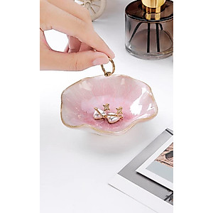 Lotus Leaf Shape Decorative Ring Tray, Small Key Bowl, Ceramic Trinket Tray Jewelry Dish Organizing Necklace Earrings, Home Decoration for Mom Best Friend Sister, Pink.