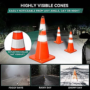YITAHOME Traffic Cones 28 Inch (12 Pack), with 36FT Chain and Reflective Collars, PVC Orange Construction Cones, Safety Cones for Parking Lot, Home Road