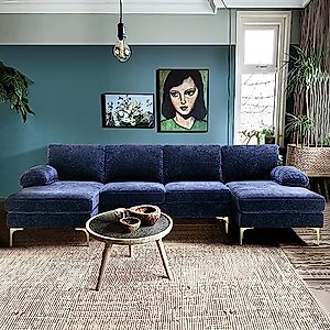 U-Shaped Sectional Sofa Comfy Couch for Living Room Set, 110 inches Wide Modern Large 4-Seat Couch Convertible Soft Velvet Couch Set with Double Chaise Lounge (Navy Blue, Chenille Fabric)