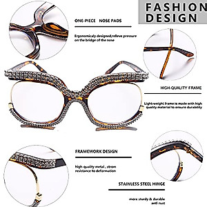 Rmerom Blue Light Blocking Oversized Glasses Stylish Fake Round Eyeglasses for Women UV400 Protection Eyewear GVA9051 (Leopard/Anti-blue/W Diamond)