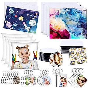modacraft 82 PCS Sublimation Blanks Products Set, DIY Sublimation Starter Kit with 20 Car Coasters, 12 Keychains, 8 Earrings, 4 Mouse Pads, 3 Pillow Covers, 3 Puzzles