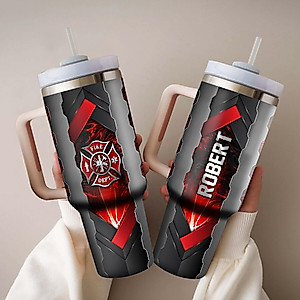 WAZONE Personalized Firefighter 40oz Tumbler with Handle Lid and Straw Custom Name Fireman Stainless Steel Insulated Cup Travel Mug Birthday Christmas Firefighters Fire Fighter Gift For Men Dad