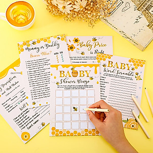 Roowest 145 Pcs Bee Baby Shower Games Gender Neutral Set Includes 125 Pcs 5 Kinds Party Games 20 Pcs Pencils for Honeycomb Bee Baby Shower Party Decorations Favors Gender Reveal Party Supplies