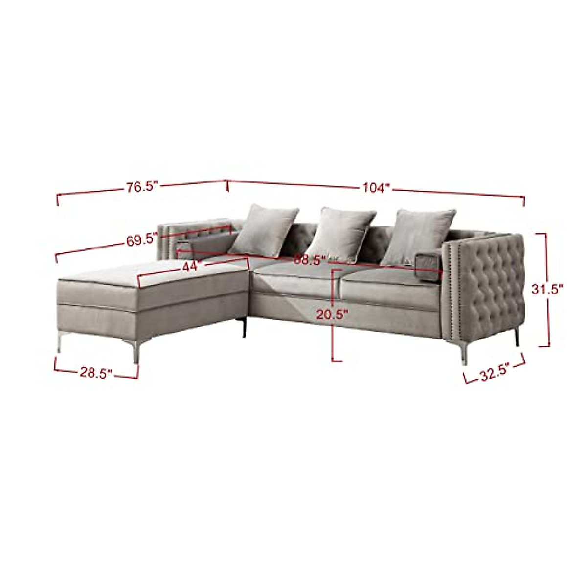 Legend Vansen Reversible L Shaped Velvet Sofa Chaise with Ottoman for 3seats Large Size Sectional, Grey
