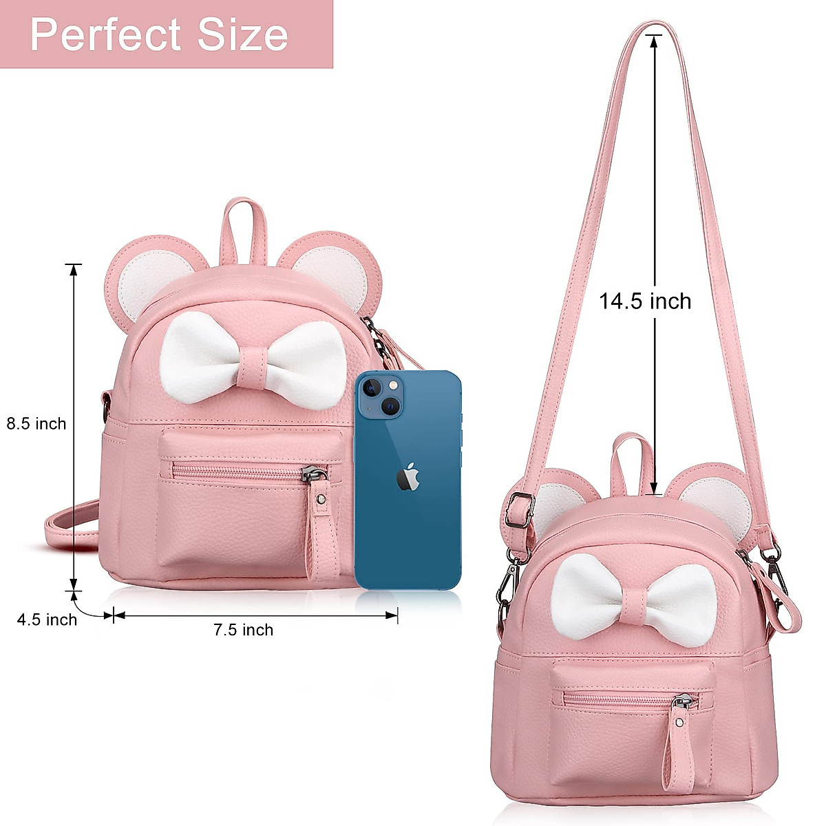 Dksyee Pink Small Cute Backpacks for Girls Bowknot Leather Cartoon Mouse Ears Mini Travel Backpack Convertible Shoulder Daypack…