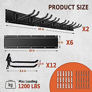 Charmount 18 Pcs Garage Storage Organization Wall Mount,96 Inch Adjustable Yard Garden Tool Organizer With 12 Heavy Duty Hooks,Tracks Max Load 1200lb
