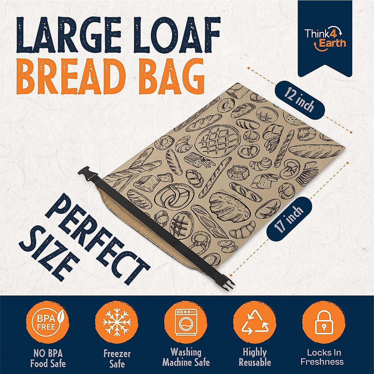 THINK4EARTH - 2 Packs Bread Bags, Bread Bags for Homemade Bread Loaf, Freezer Bread Storage Bag, Bread Container, Reusable Food Storage Bag, Large Bread Bags for Homemade Bread with Double Lining.