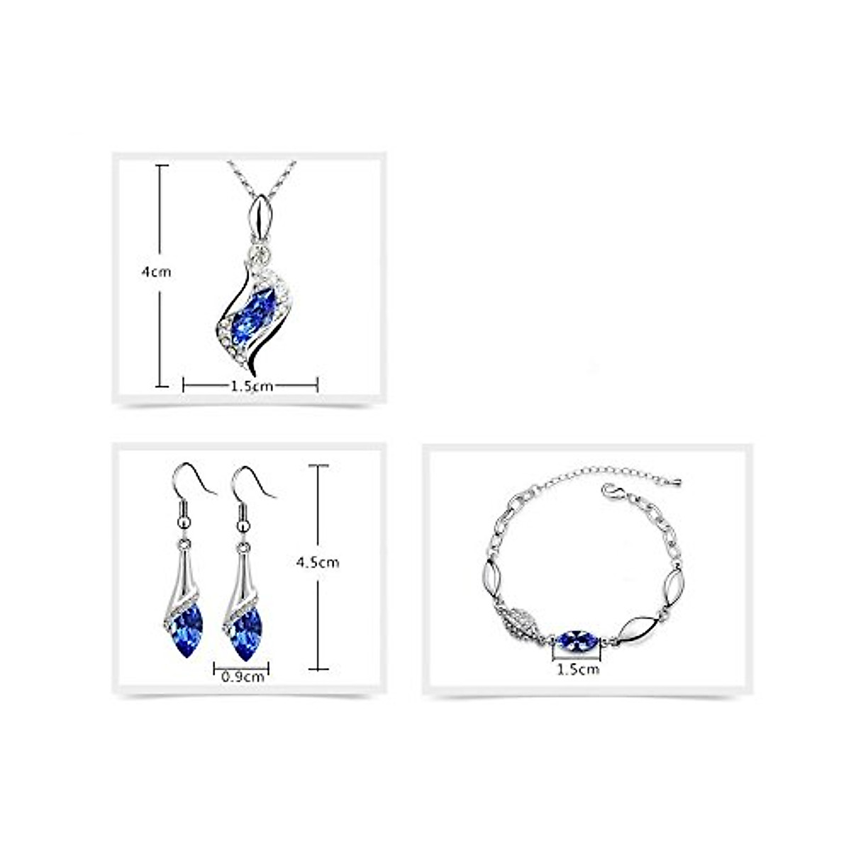 Graces Dawn® Beautiful Cubic Zirconia with Platinum Plated Chain Necklace Angel Elf Pendant Mosaic crystal Necklace bracelet and earrings set Necklace 18" (Royal blue)