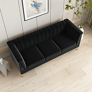 mikibama Modern Velvet Sofa, 83 Inch Chesterfield Sofa Couch, Luxury 3 Seater Comfy Couch with Gold Metal Legs for Living Room, Bedroom, Apartment (Black)