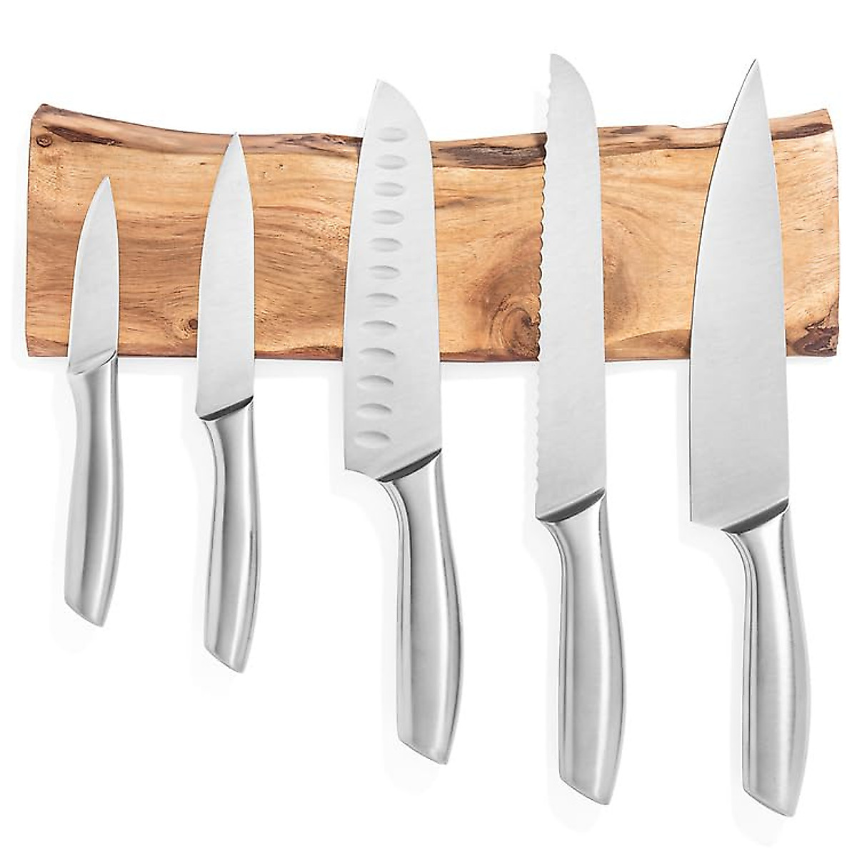 IMPROVED STRONGER Magnetic Knife Holder - Wood Knife Block - Knife Strip - Kitchen Organizer - Live Edge, Holds 5 Knives