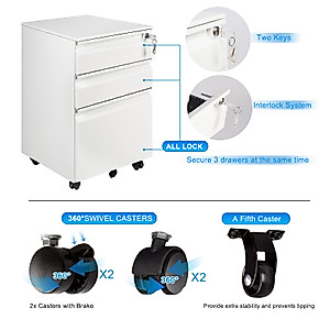 PACHIRA E-Commerce Mobile File Cabinet with 3 Drawers Heavy Duty 19.69" D x 15.35" W x 23.62" H, Fully Assembled, Filing Cabinet Vertical File Under Desk for Legal/Letter/A4 File, White