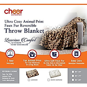 Cheer Collection Animal Print Throw Blanket | Soft Velvety Faux Fur Microplush Reversible Cozy Warm Throw Blanket - 50" x 60" - Snow Leopard