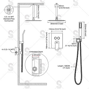 SR SUN RISE Ceiling Mounted Shower System with Push Button Diverter, Luxury 12 Inch Rain Shower Head with Handheld Spray, High Pressure Shower Faucet Combo Set with Rough-in Valve, Polished Chrome