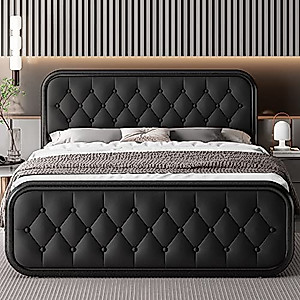 Feonase Full Size Curved Metal Platform Bed Frame with Faux Leather Headboard, Heavy Duty Bed Frame with Rhombus Button Tufted Footboard, 1000 lbs Weight Capacity, Noise-Free, Easy Assembly, Black
