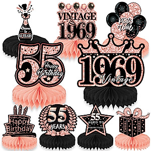 Refavor 55th Birthday Party Decorations - 9PCS Vintage 55th Birthday Table Decor for Women Rose Gold Cheers to 55 Years Old Birthday Decor Chic Honeycomb Centerpieces Decorate 55th Birthday Party