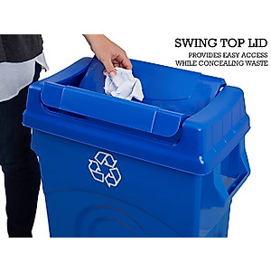 United Solutions 23 Gallon Highboy Plastic Recycling Bin Kitchen Trash Can with Lid, Pass Through Handles, and Dustpan Edge, Blue
