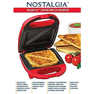 Nostalgia mini sandwich maker toaster compact for portion control seals and toasts sandwich panini maker (RED)