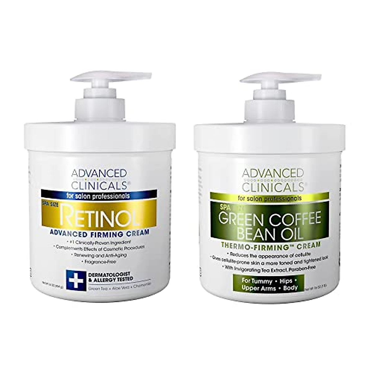 Advanced Clinicals Retinol Body Cream + Green Coffee Bean Oil Slim & Tighten Body Lotion Moisturizer Skin Care Set, Anti Aging Firming & Tightening Dry Skin Rescue Face & Body Cream Set, 2-Pack